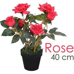 Rose Rosenstock Rosenbusch Kunstpflanze Künstliche Pflanze mit Blüten Rot 40 cm Kunstblume Innendekoration Kunst Pflanze wie echt im Topf Decovego