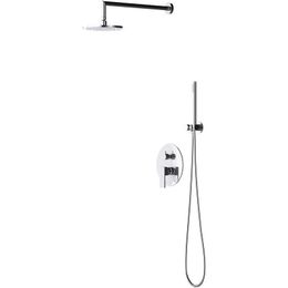 Design Unterputz-Duschsystem Duschset hochglänzend verchromt 250mm Regen-Duschkopf rund mit wassersparender Kopfbrause und Duscharmatur - Silber