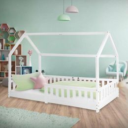 Kinderbett, 90x200 cm, Weiß, mit Rausfallschutz, Dach und Lattenrost - ML-Design