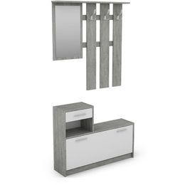 ByLiving - Garderoben-Set tamina / Kommode mit Schuhschrank + hängende Garderobe mit Spiegel / Beton Optik grau / Fronten Weiß / Flur-Schrank /