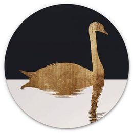 K&L WALL ART Alu-Dibond-Poster Rund Metalloptik Wandbild Schwanensee Gold Halbmond Schwan Kubistika Ø 30cm - schwarz