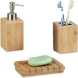 Badaccessoires Bambus, 3-teiliges Badezimmer Set aus Seifenspender, Seifenschale u. Zahnbürstenhalter, natur - Relaxdays