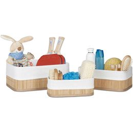 Relaxdays - Aufbewahrungskorb 3er Set, Stoffbezug, Bambus, rechteckig, Bad, Accessoires, Spielzeug, Allzweckkorb, natur