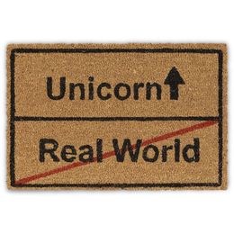 Relaxdays - Kokosmatte Unicorn Real World, lustige Fußmatte aus Kokosfasern, Fußabstreifer außen, 40x60cm, natur/schwarz