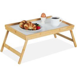 Betttablett klappbar, Tablett mit Füßen, Frühstück im Bett, Bambus & mdf, hbt 23,5 x 63 x 31 cm, natur/weiß - Relaxdays