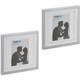 Bilderrahmen 2er Set, 25x25 cm, quadratisch, Fotorahmen zum Aufhängen oder Hinstellen, Passepartout, silber - Relaxdays