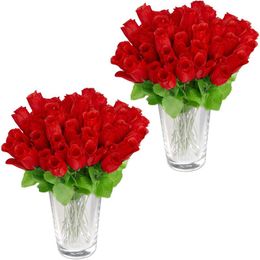 Relaxdays 96 x Kunstrosen rot, Kunstblumen, künstliche Dekoblumen, Rosen mit Stiel und Blättern, rote Köpfe, H: 26 cm, red
