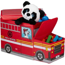 Sitzbox Kinder, Staubox mit Deckel, Spielzeug, faltbar, Feuerwehrauto, Stauraum, Jungen & Mädchen, 50 l, rot - Relaxdays