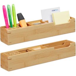 Relaxdays - 2 x Schreibtisch Organizer Bambus, 11 Fächer Aufbewahrungsbox, Stifteköcher, Büro Organizer, HxBxT: 6 x 32 x 7 cm, natur
