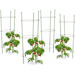 Relaxdays 4x Rankhilfe Tomaten im Set, Höhenverstellbare Ringe, Pflanzstäbe, Balkon, Beet, Kunststoff, 76 cm lang, Grün