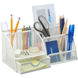 Schreibtisch Organizer, Büro Organizer mit Stiftehalter und Schublade, Metall Mesh, hbt 13 x 28 x 14 cm, weiß - Relaxdays