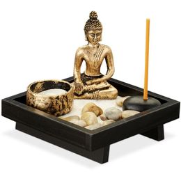 Zen Garten, mit Buddha, Steinen, Sand, Räucherstäbchen & Teelichthalter, Entspannung, Feng Shui Deko, schwarz - Relaxdays