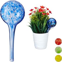 Bewässerungskugel 2er Set, dosierte Bewässerung Pflanzen u. Blumen, Gießhilfe Büro, Urlaub, ø 6 cm, Glas, blau - Relaxdays