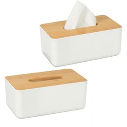 Relaxdays 2 x Tücherbox mit Deckel aus Bambus, fürs Bad, modernes Design, Kunststoff, Taschentuchbox, hbt 10x23x13 cm, weiß/natur