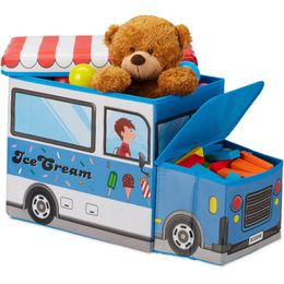 Relaxdays Sitzbox Kinder, Staubox mit Deckel, Spielzeug, faltbar, Eiswagen, Stauraum, Jungen & Mädchen, 50 Liter, blau