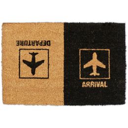 Relaxdays - Fußmatte Kokos Arrival Departure, Türvorleger mit Flugzeug-Motiv, innen & außen, 40x60 cm, natur/schwarz