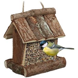 Relaxdays Vogelfutterhaus Holz, zum Aufhängen, HBT: 17 x 15 x 12 cm, mit Silo, Vogelfutterspender für Kleinvögel, natur