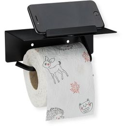 Relaxdays Toilettenpapierhalter mit Ablage & Handyhalter, Wandmontage mit & ohne Bohren, 430er Edelstahl, schwarz matt