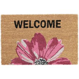 Relaxdays - Fußmatte Kokos, Welcome-Schriftzug & Blume, Fußabtreter 60x40cm, Schmutzfangmatte innen & außen, rosa/natur