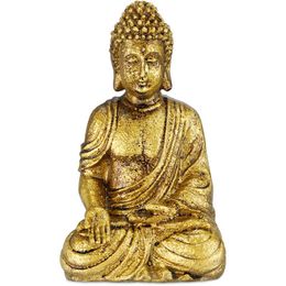 Buddha Figur Garten, wetterfest & frostsicher, Gartenbuddha sitzend, Gartenfigur, HxBxT: 17 x 10 x 7 cm, gold - Relaxdays