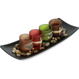Relaxdays Teelichthalter Set mit Tablett & Steinen, 34 cm lang, Tischdeko Wohnzimmer, Esszimmer, 4 Teelichtgläser, bunt