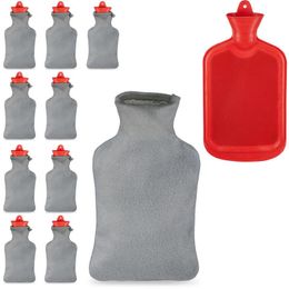 Relaxdays 10 x Wärmflasche mit Bezug, flauschige Kuschelwärmeflasche, 2 Liter Bettflasche, geruchsneutraler Naturgummi, grau/rot
