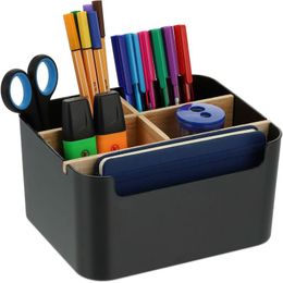 Relaxdays - Schreibtisch Organizer, 5 Fächer, Kunststoff und Holz, Badorganizer, modern, HxBxT: 9,5 x 18 x 15 cm, schwarz