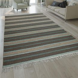 Natur Teppich Wolle Modern Handgewebt Gestreift Kelim Design Fransen Braun Beige 60x110 cm - Paco Home