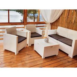 Lounge-Set für den Außenbereich Dmotto, Garten-Set mit Kissen, Lounge-Set für den Innenbereich in Rattan-Optik, 100 % Made in Italy, Weiß - Dmora