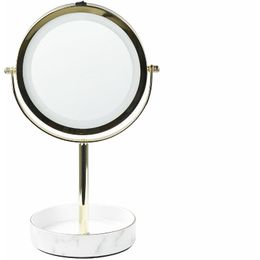 Beliani Kosmetikspiegel mit LED-Beleuchtung Gold u. Weiß ø 26 cm aus Eisen u. Keramik Doppelseitig Vergrößerungsspiegel Schminkspiegel Tischspiegel - Gold