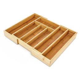 Relaxdays - Besteckkasten aus Bambus hbt ca. 5 x 43 x 34cm Besteckeinsatz ausziehbar mit 5 bis 7 Fächern als Schubladeneinsatz und Küchenorganizer