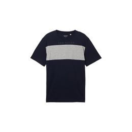 Tom Tailor Herren T-Shirt mit Colour Blocking, blau, Logo Print, Gr. XL