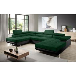 Furnix - Zante Couch Sofa Schlafsofa U-Form U-Sofa Schlaffunktion MA1100-KR19 Grün-Leder Schwarz