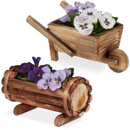 Relaxdays - Pflanzengefäß Holz, 2 Stück, Pflanzschubkarre & halbes Blumenfass, Gartendeko, zum Bepflanzen, rustikal, natur