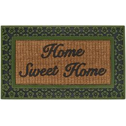Fußmatte Home Sweet Home, 45x75 cm, Fußabtreter Blumen, Gummi & Kokos, rutschfest, innen & außen, grün/natur - Relaxdays