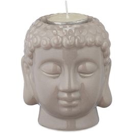 Buddha Teelichthalter, Keramik, Buddha-Kopf für Teelicht, Zen-Deko für Wohnzimmer & Bad, Feng Shui Deko, grau - Relaxdays