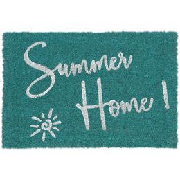 Relaxdays - Fußmatte Kokos, 60 x 40 cm, Summer Home Schriftzug, rutschfeste Türmatte, Fußabtreter innen & außen, blau/weiß