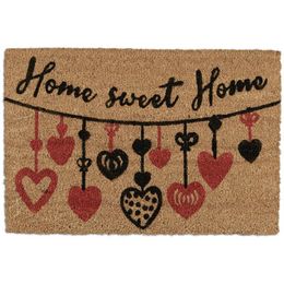 Fußmatte Kokos, Home Sweet Home, Herzen, 60 x 40 cm, Fußabtreter innen & außen, rutschfeste Türmatte, bunt - Relaxdays
