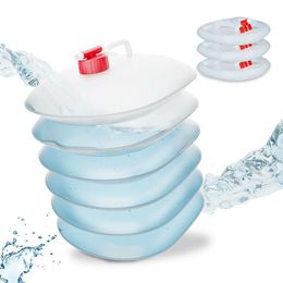 Faltkanister 4er Set, 10 Liter, faltbare Wasserkanister mit Hahn, BPA-frei, lebensmittelecht, transparent/rot - Relaxdays