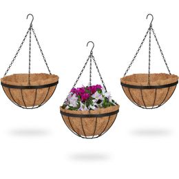 Blumenampel, 3 Körbe, HxD: 50x31 cm, Hängepflanzen, innen & außen, Kokoseinlage, Metallgestell, braun/schwarz - Relaxdays