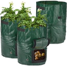 Kartoffel Pflanzsack 3er Set, Kartoffelsack mit Sichtfenster, 2 seitliche Henkel, HxD: 44 x 33 cm, dunkelgrün - Relaxdays