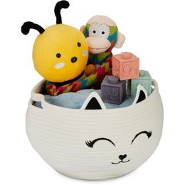 Relaxdays - Aufbewahrungskorb für Kinder, Baumwollkorb Katze, h x d: 24 x 35 cm, Spielzeugkorb Kinderzimmer, weiß/schwarz