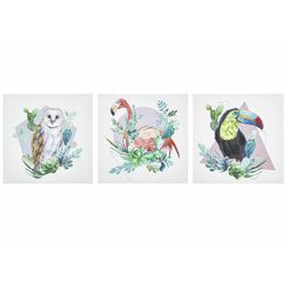 Beliani Wanddekoration Bunt 3er Set 30 x 30 cm mit Eulen-, Flamingo- und Tukanmotiv Polyester Leinwandbilder Vogelmotiv Kinderzimmer Dekoration - Bunt