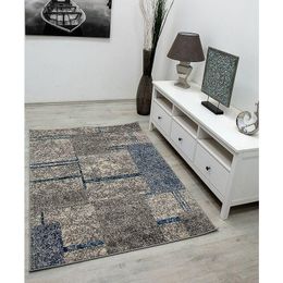 Teppich modern kariert abstraktes Design in Grau Blau meliert mit Farbverlauf Wohnzimmer Jugendzimmer ,Blau, 80x150 cm
