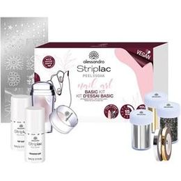 alessandro Nägel Striplac Peel Or Soak Sets Nail Art Basic Kit Transferfolie Silber 8 ml + Transferfolie Gold 8 ml + Transferfolie Spitze 8 ml + Transfercoat 5 ml + Nailstripes Gold + Nailstripes Silver + Stempelschablone mit Karte + Striplac Top Coat 5 ml