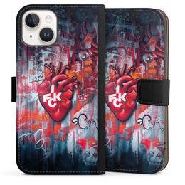 DeinDesign iPhone 14 Handy Klapph&uuml;lle Handyh&uuml;lle aus Kunst Leder schwarz Flip Case 1. Fck 1. Fc Kaiserslautern Heart Sideflip mit Lasche