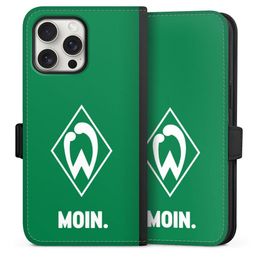 DeinDesign iPhone 15 Pro Max Handy Klapph&uuml;lle Handyh&uuml;lle aus Kunst Leder schwarz Flip Case Moin Official Licensed Product Sv Werder Bremen Sideflip mit Lasche