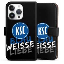 DeinDesign iPhone 14 Pro Handy Klapph&uuml;lle Handyh&uuml;lle aus Kunst Leder schwarz Flip Case Ksc Karlsruher Sc Official Licensed Product Sideflip mit langer Lasche