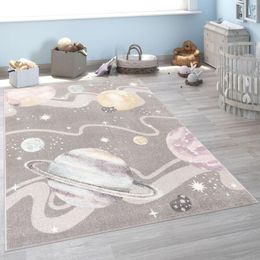 Kinderteppich Teppich Kinderzimmer Junge Mädchen Weltraum Planeten Sterne Grau 160 cm Rund - Paco Home