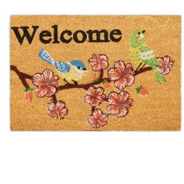 Fußmatte Kokos, Welcome Schriftzug & Kirschblüten-Motiv, Türvorleger innen & außen, Kokosmatte 40x60 cm, natur - Relaxdays